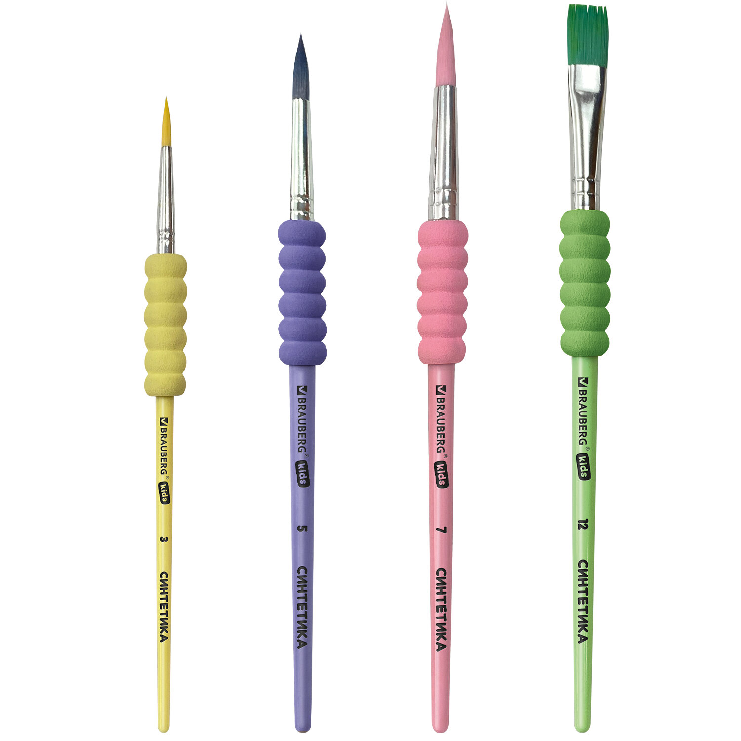 Кисти c EVA вставкой НАБОР 4шт (синтетика круглые 3,5,7; плоская 12 ...